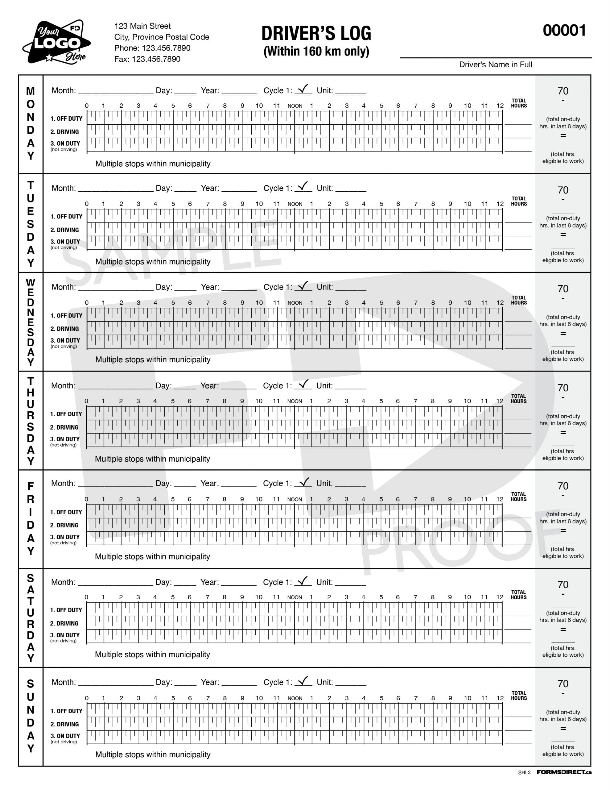 Short Haul Driver's Log | SHL3 Customizable Template | Forms Direct