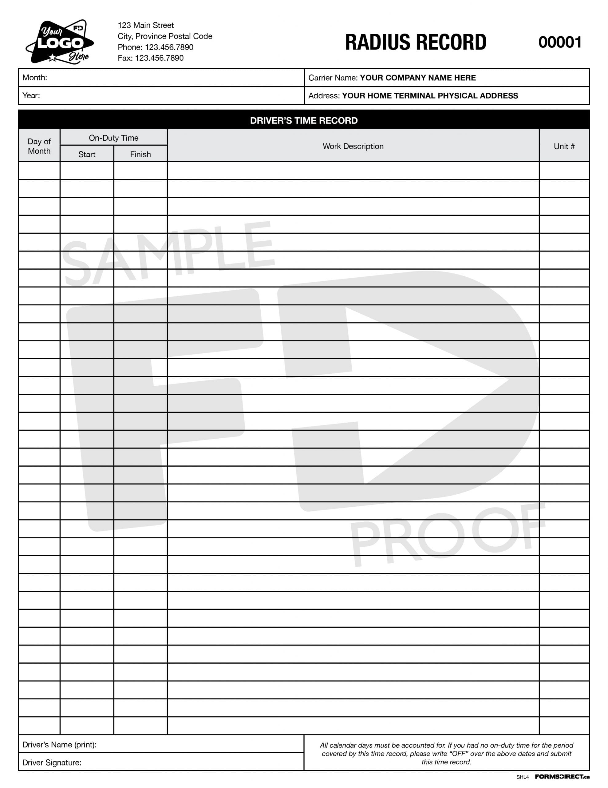 Radius Record | SHL4 Custom Short Haul Log Template | Forms Direct
