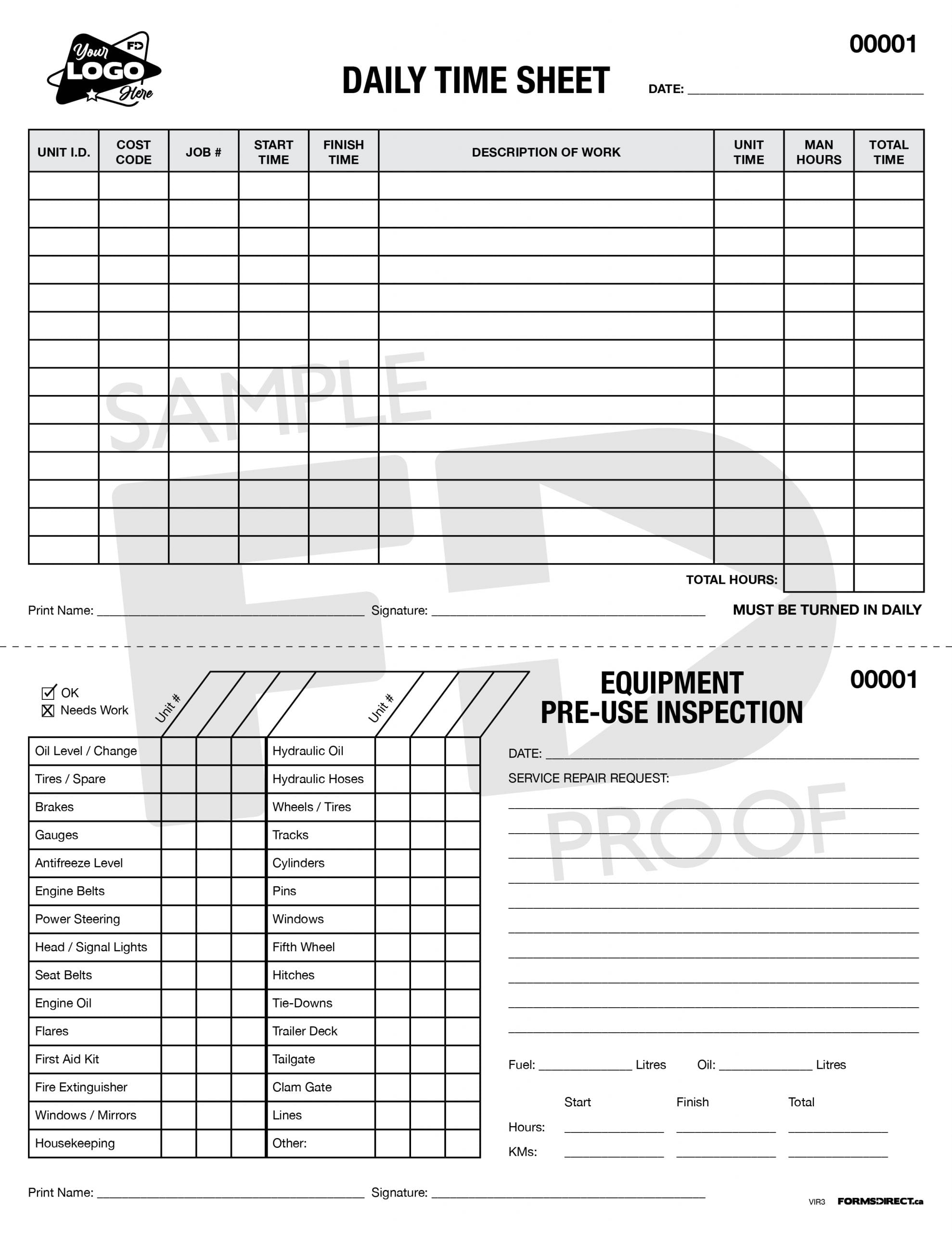 Daily Time Sheet & Pre-Use Inspection | VIR3 Custom Form | Forms Direct