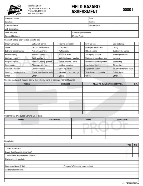 Field Hazard Assessment | HA1 Form Template | Forms Direct