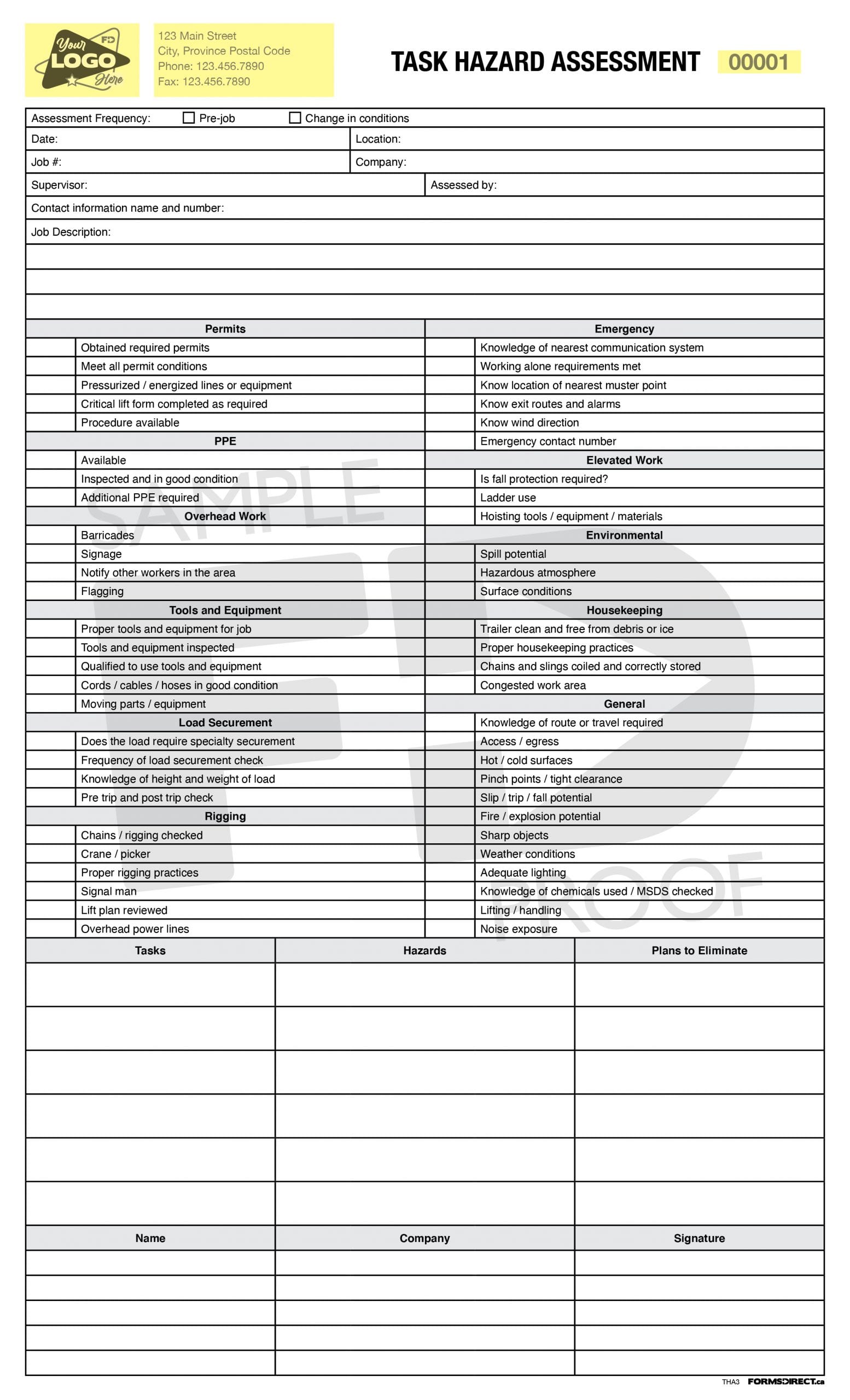 Task Hazard Assessment | THA4 Custom Safety Card | Forms Direct