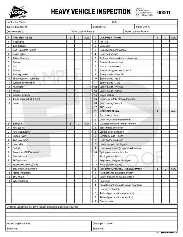 Heavy Vehicle Inspection | VIR1 Custom Template | Forms Direct