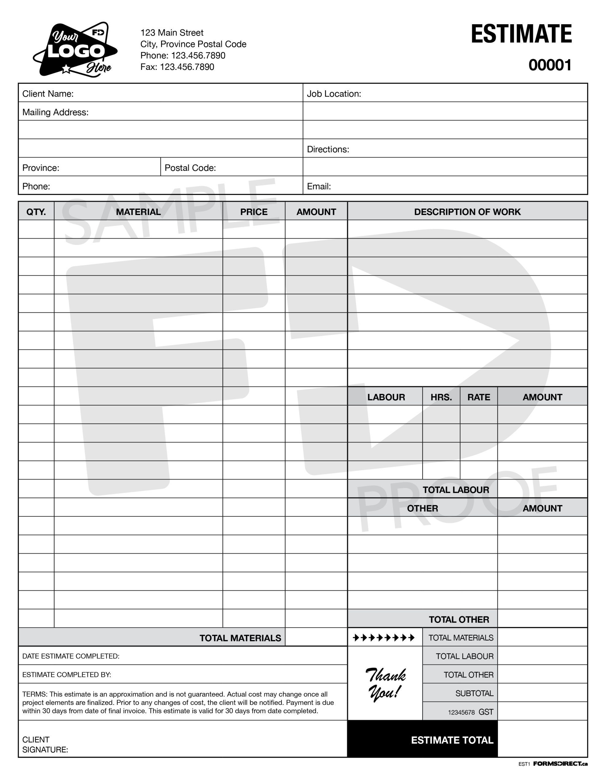 Estimate | EST1 Custom Form Template | Forms Direct