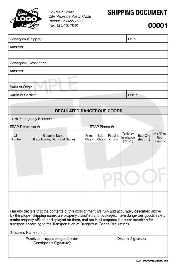 Shipping Document | TDG1 Custom Form Template | Forms Direct