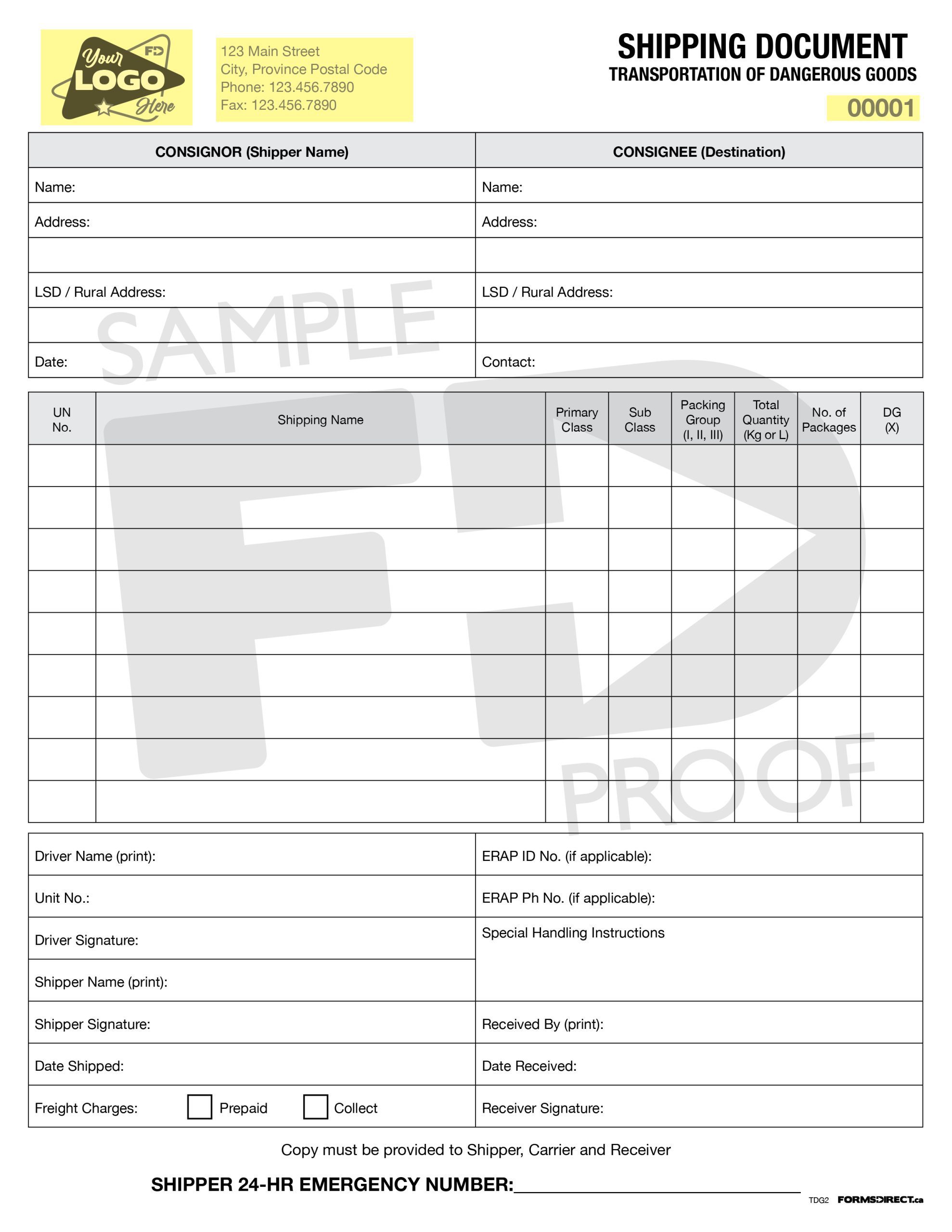 TDG Shipping Document | TDG2 Custom Form Template | Forms Direct