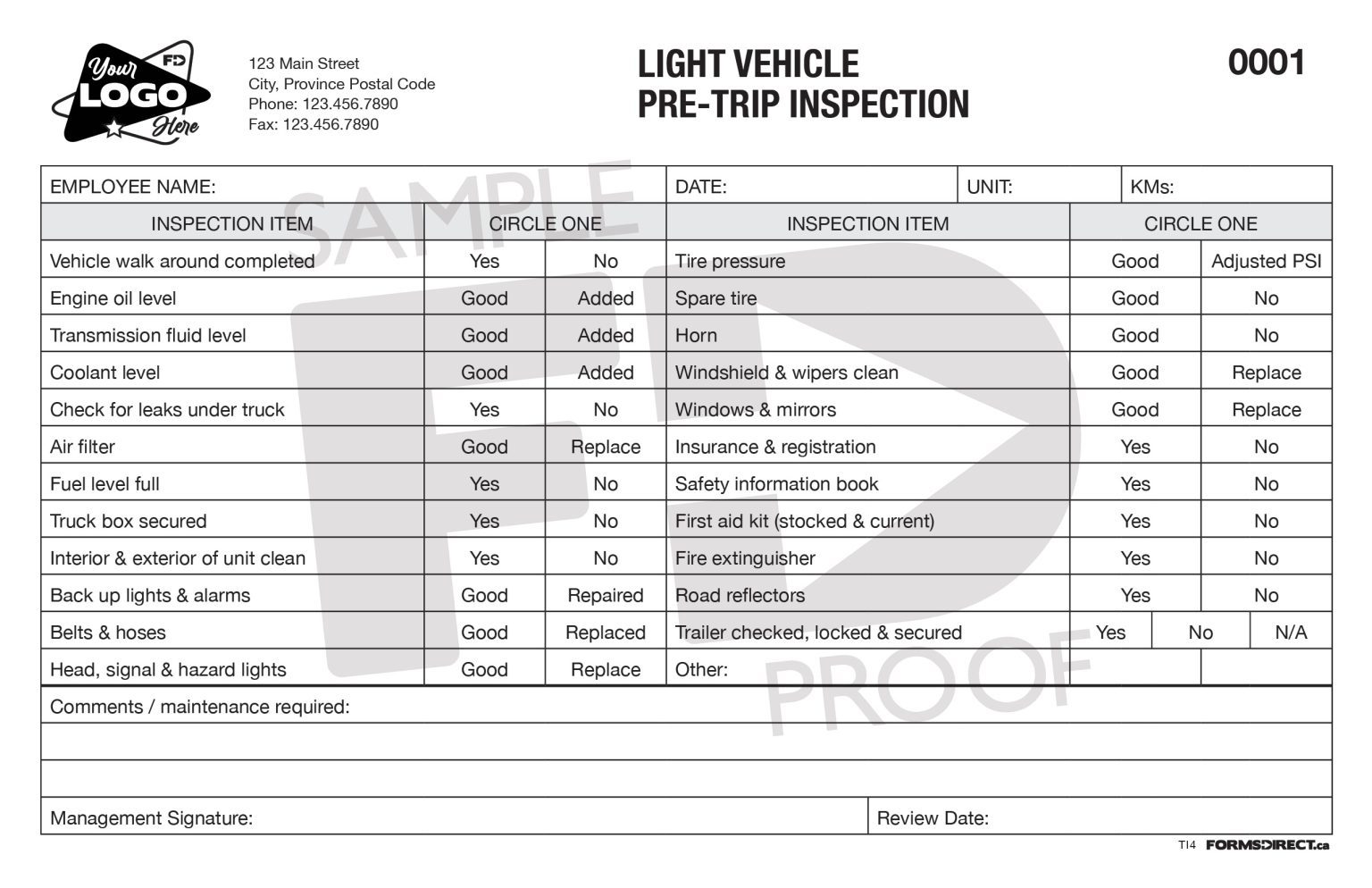 Light Vehicle Pre-Trip Inspection | TI4 Form Template | Forms Direct
