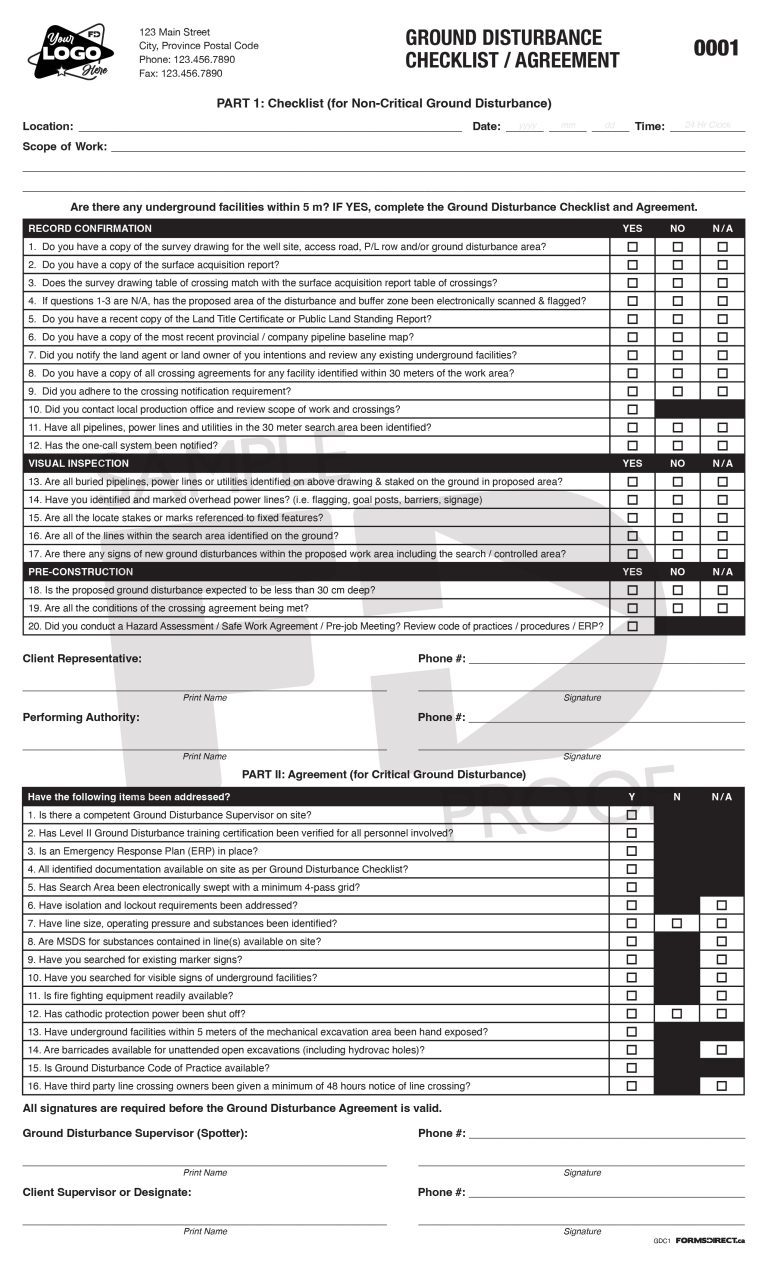 Ground Disturbance Checklist | GDC1 | Forms Direct