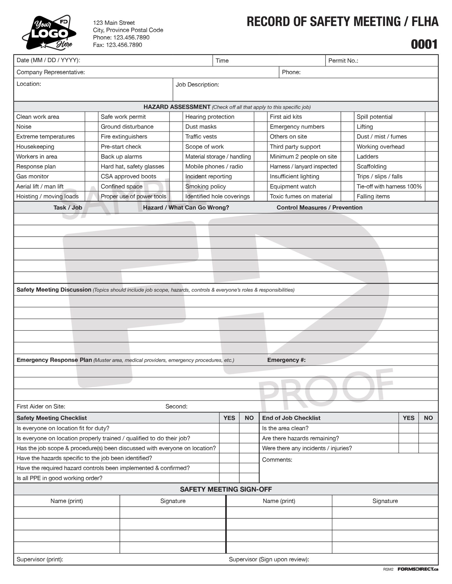 Record of Safety Meeting & FLHA | RSM2 | Forms Direct